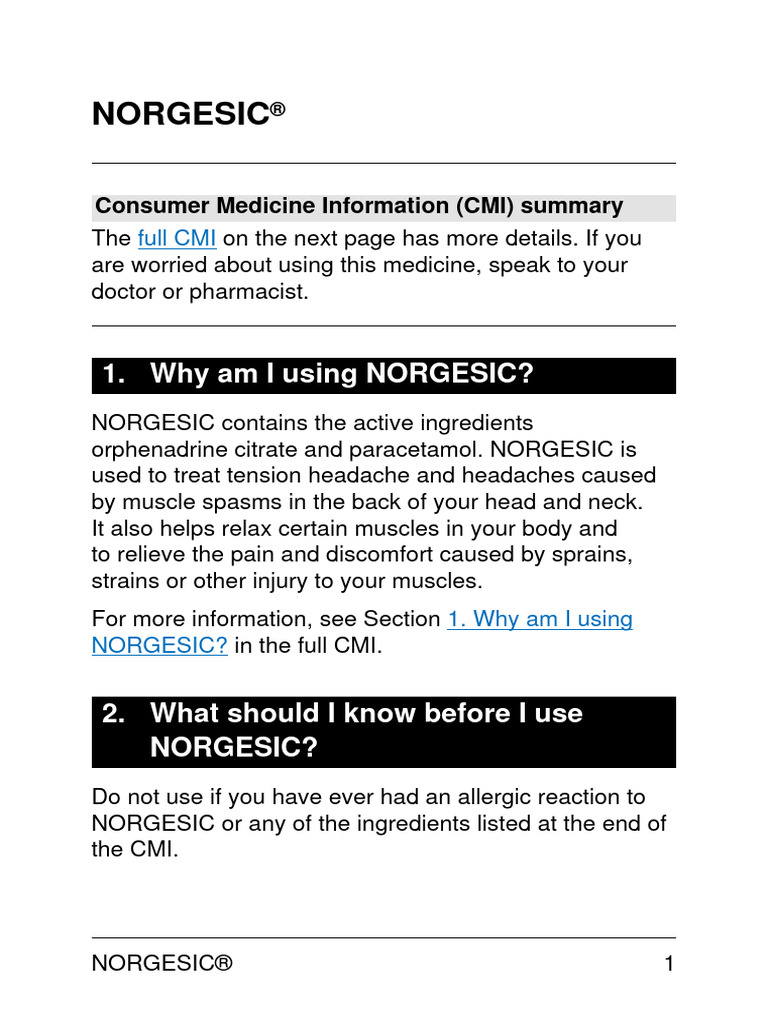 Norgesic CMI | PDF | Breastfeeding | Dose (Biochemistry)