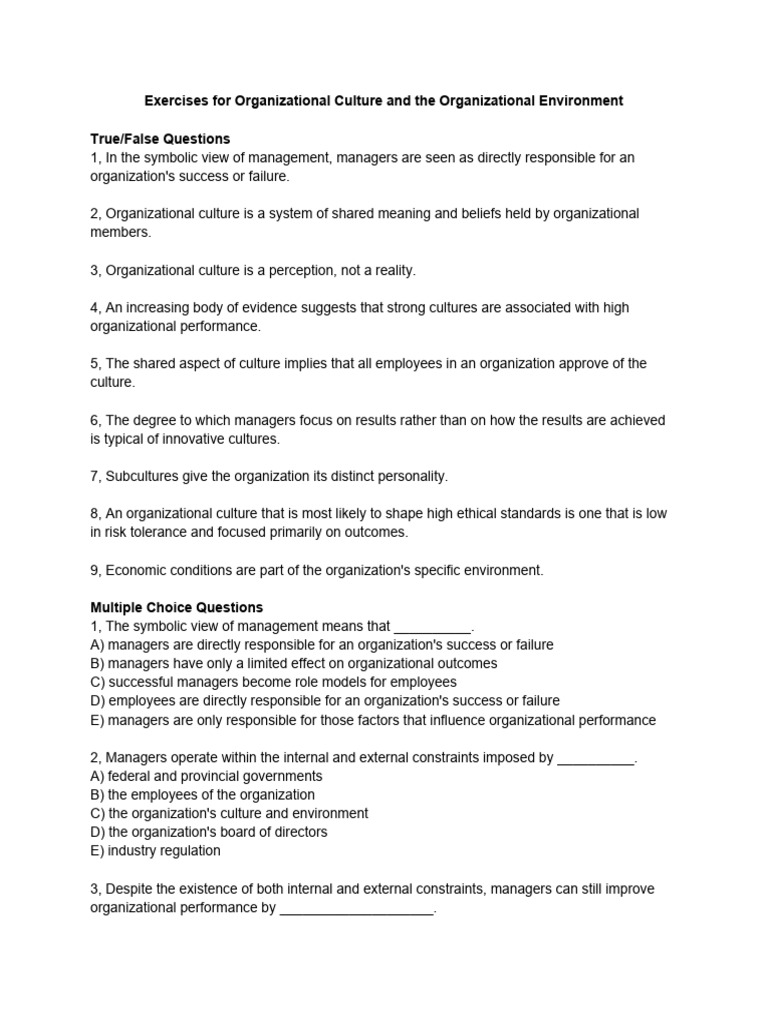 Organizational Culture Quiz and Answers | PDF | Organizational Culture ...