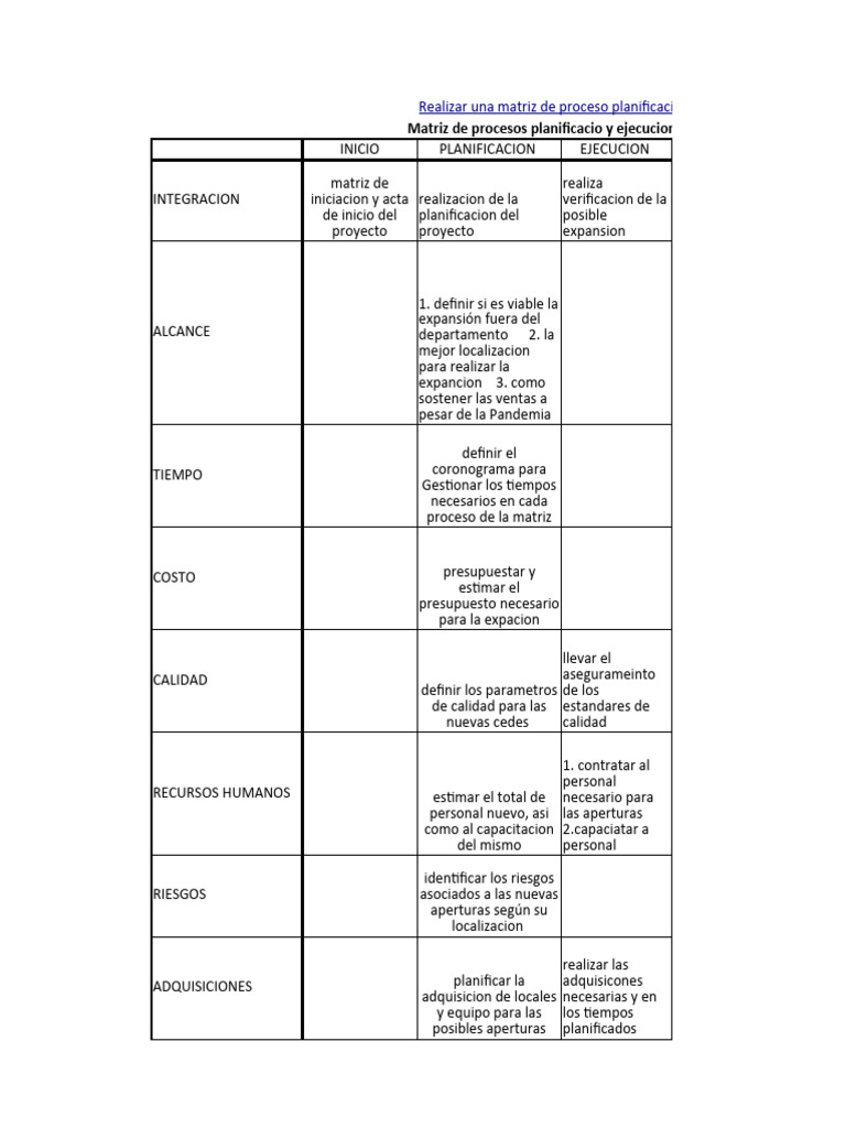 Matriz De Procesos Pdf Planificación Business 3099