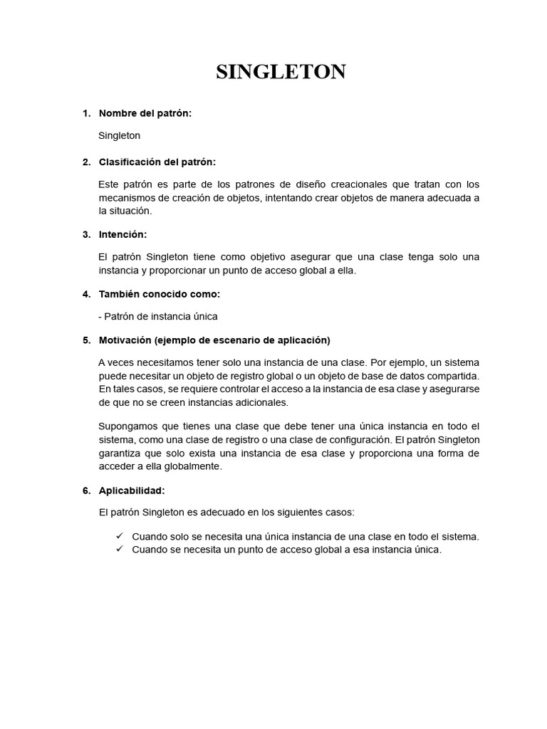 Patrón Singleton | PDF | Objeto (informática) | Ciencias de la Computación