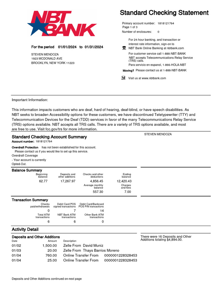 STEVEN MENDOZA NBT Bank Statement | PDF | Debit Card | Overdraft