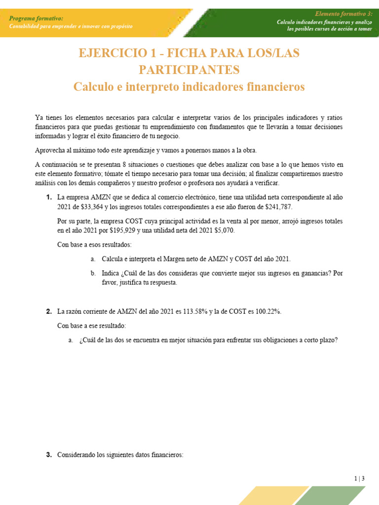 Ejercicio Práctico 1- Calculo e Interpreto Indicadores Financieros 8 Cuestiones Para Analizar ...
