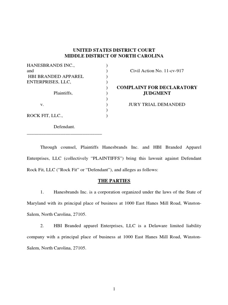 Hanesbrands Et. Al. v. Rock Fit | PDF | Declaratory Judgment | Patent ...