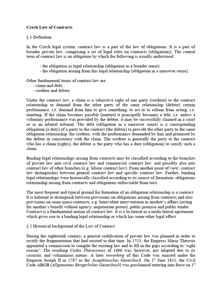 Czech Law of Contracts Socr | PDF | Offer And Acceptance | Tort