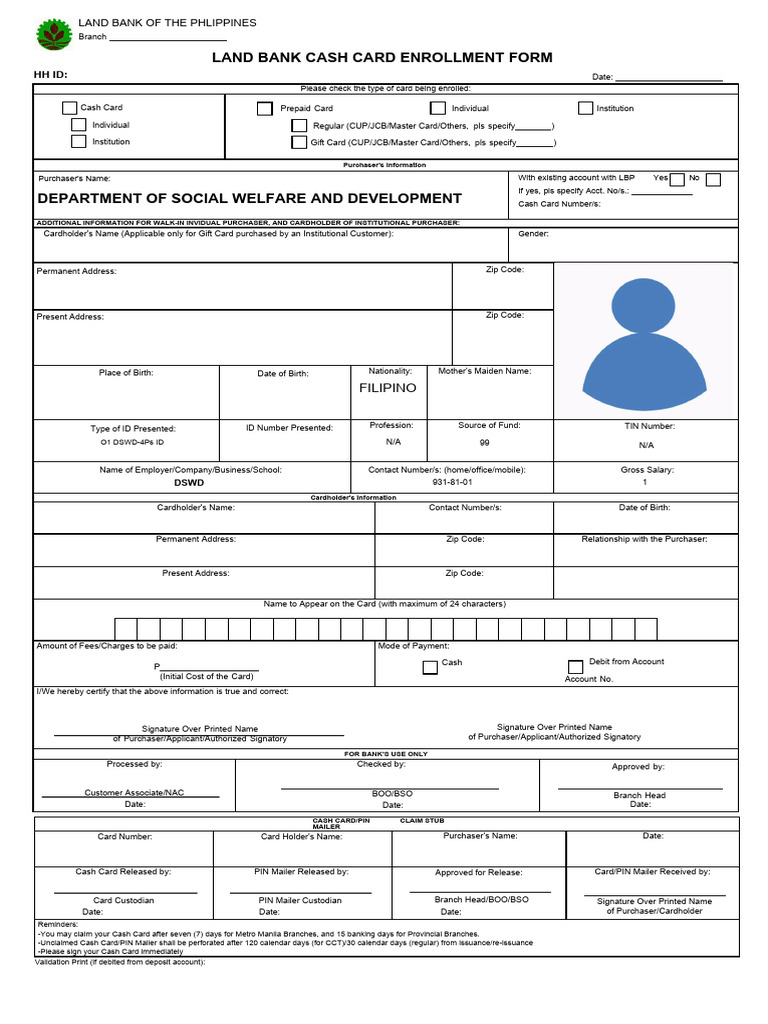 LBP Enrollment Form Blank | PDF | Debit Card | Cash