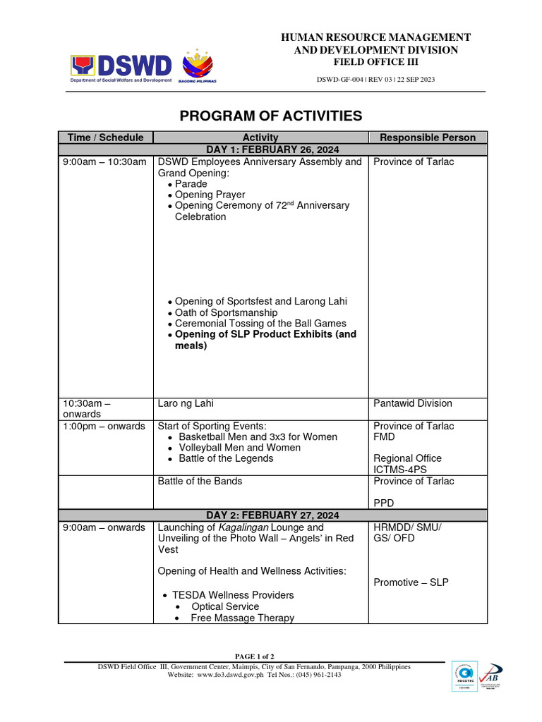 Program of Activities February 26 29 2024 | PDF