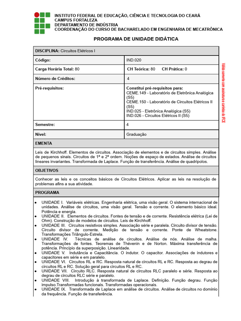 Ementa IF Fortaleza Eng Mecatrônica - Circuitos Elétricos 1 | PDF | Rede elétrica | Transformada ...