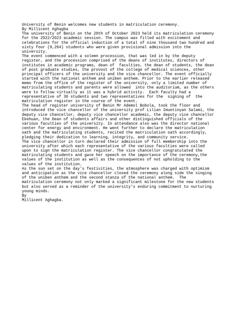 Uniben Matriculation - by Millicent Aghagba | PDF | Universities And ...