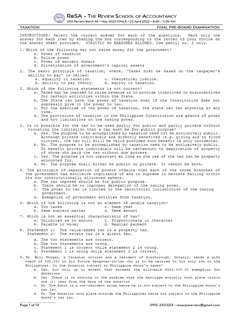 ReSA B45 TAX Final PB Exam Questions, Answers & Solutions | PDF | Taxes ...