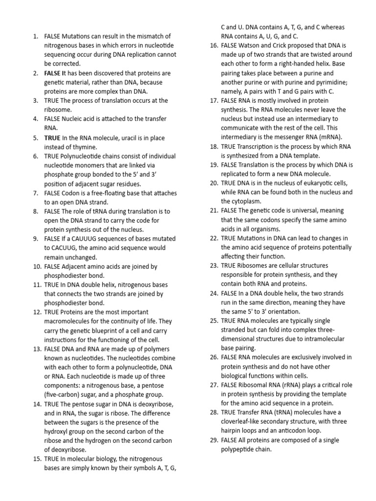 DNA, RNA & Proteins True or False | PDF | Dna | Rna