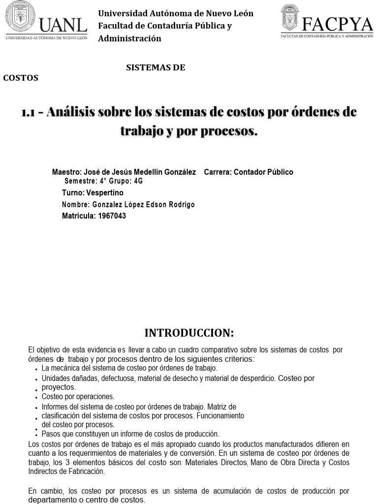 Ev - 1 Reporte de Analisis Sobre Los Sistemas de Costos Por Órdenes de Trabajo, y Por Procesos ...
