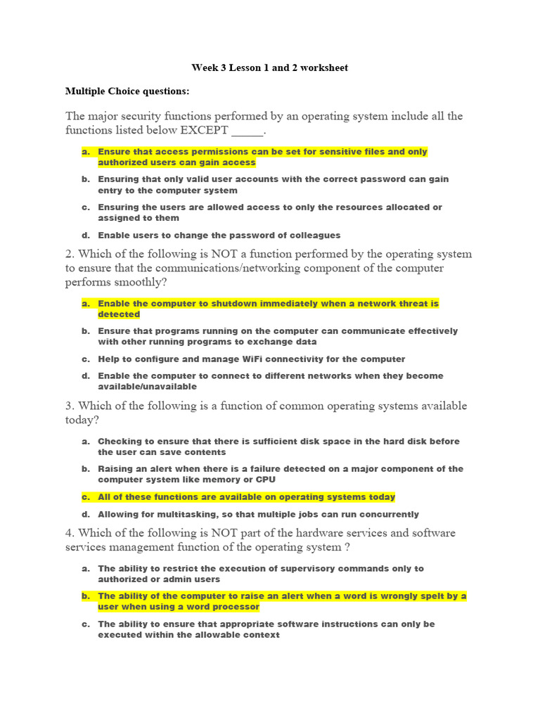 Week 3 Lesson 1 and 2 Worksheet Multiple Choice Questions | PDF | Operating System | Mac Os