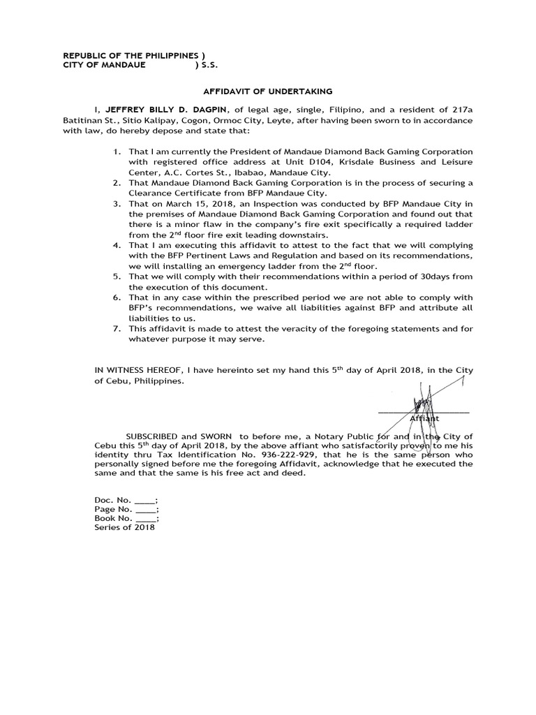 Affidavit of Undertaking for BFP Compliance | PDF | Affidavit | Government