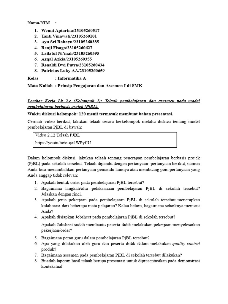 LK 2.e PJBL - Kelompok 1 | PDF | Bisnis | Komputer