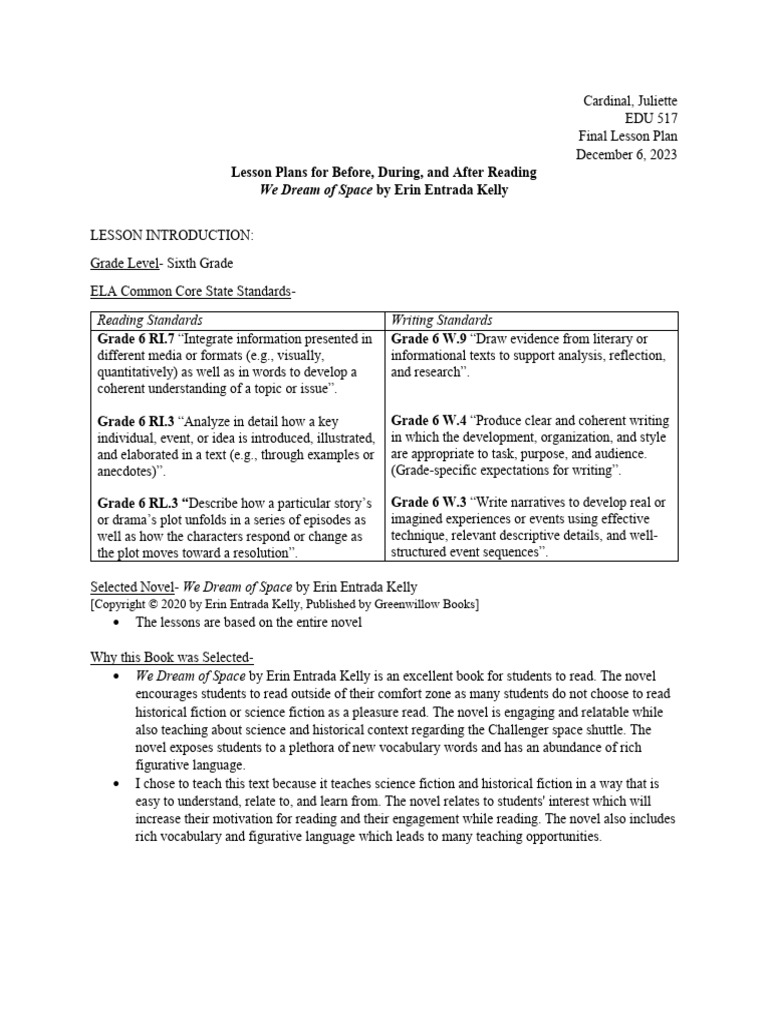 Cardinal J, EDU517, We Dreamof Space | PDF | Reading Comprehension ...