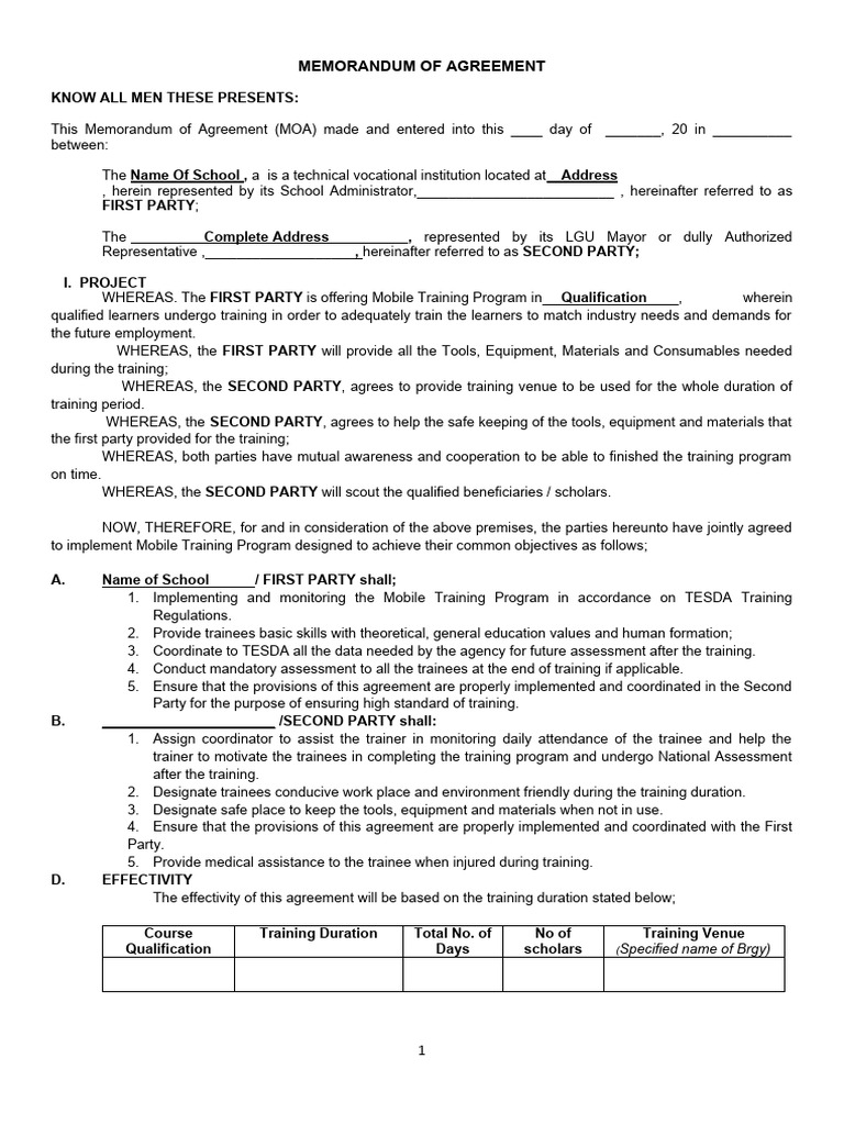 Mobile Training Program MOA Template | PDF
