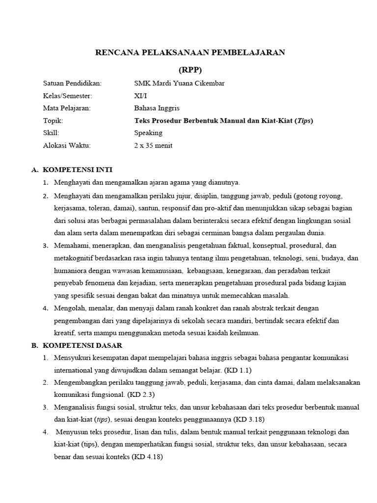 RPP Bahasa Inggris Procedure Text XI | PDF