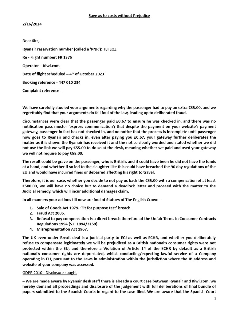 Kiwi V Ryanair Fopa Claim Letter - 08.10.2023 | PDF | Government ...