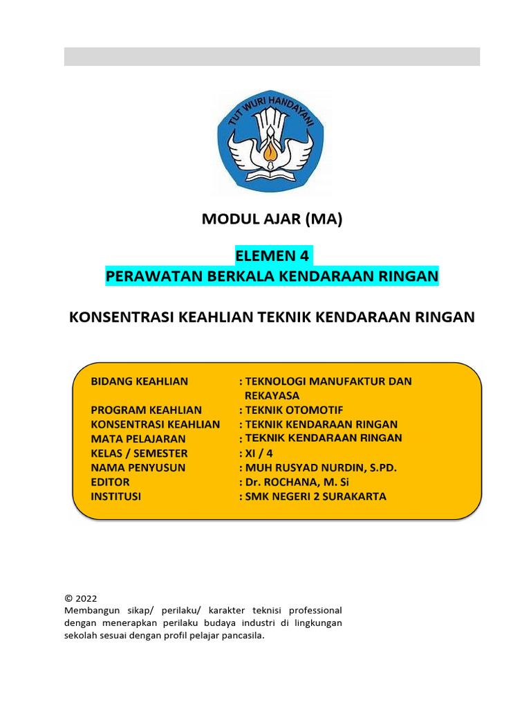 Modul Ajar Teknik Kendaraan Ringan - Perawatan Berkala Kendaraan Ringan - Fase F | PDF