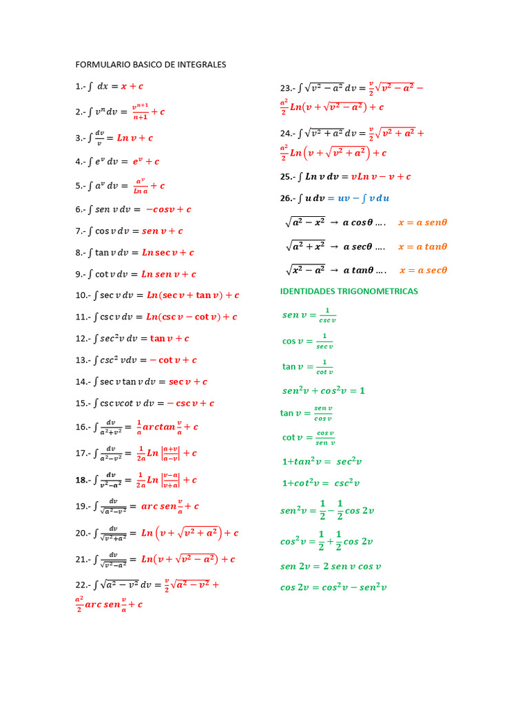 Formulario Basico de Integrales | PDF