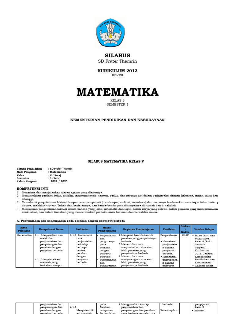 Silabus Matematika Kelas 5 Sem 1 | PDF