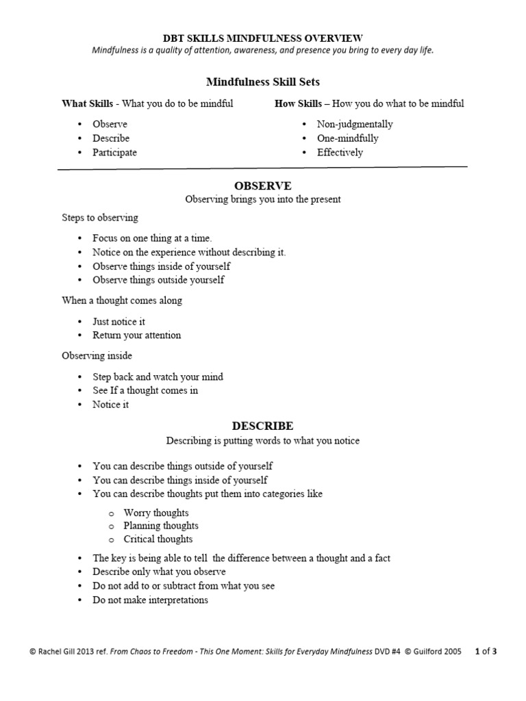 DBT Skills Mindfulness Handout by Rachel Gill | PDF | Mindfulness | Thought