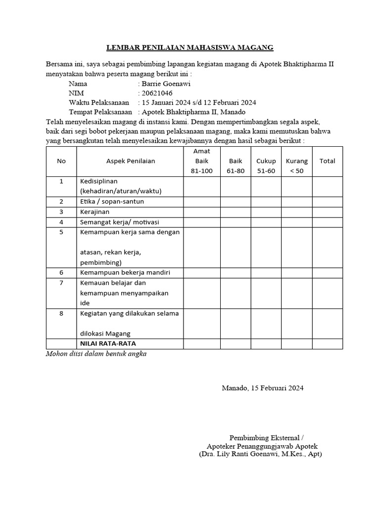 Lembar Penilaian Mahasiswa Magang | PDF