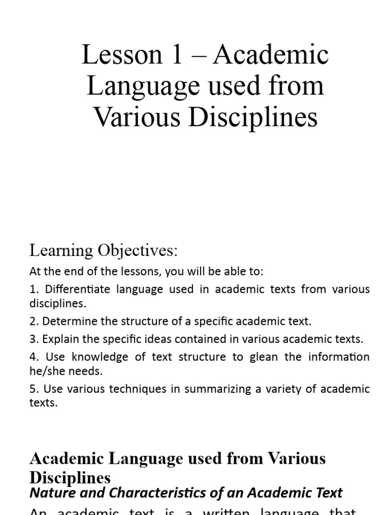 Lesson 1 - Academic Language Used From Various Disciplines | PDF | Word | Essays