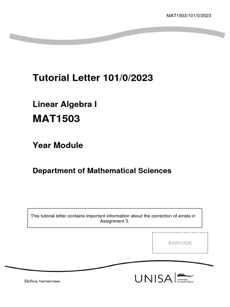 MAT1503 TL101 2023 Assignment 3 Errata | PDF | Determinant | Matrix (Mathematics)