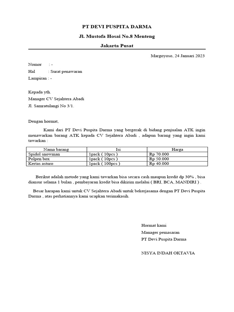 Surat Penawaran Nisya Indah | PDF Surat Penawaran Nisya Indah | PDF