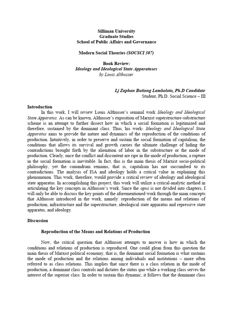 Book Review - ISA Althusser | PDF | Ideologies | State (Polity)