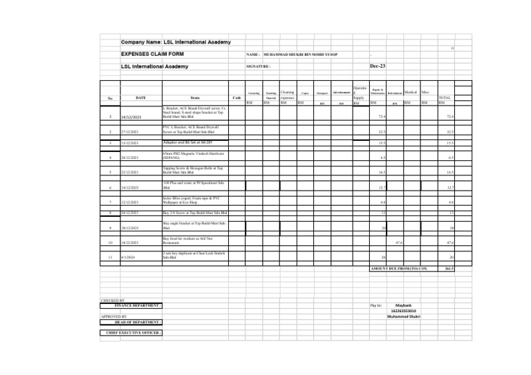 LSL International Academy Expense Claim Form | PDF | Components ...