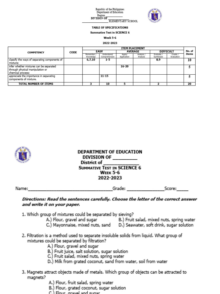 ST3 - Science 6 - Q1 | PDF | Filtration | Mixture