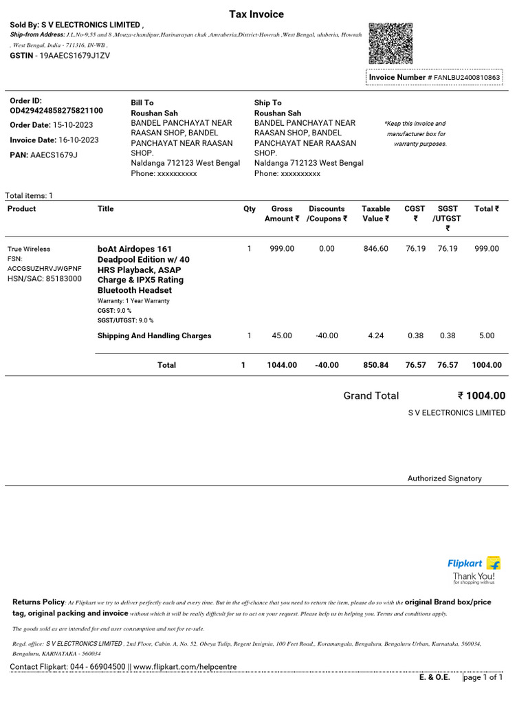 Invoice for boAt Airdopes 161 Purchase | PDF | Government Finances | Taxes