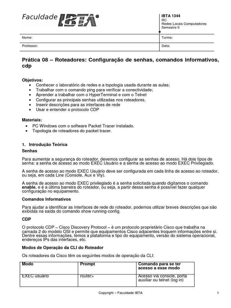 IBTA 04 - Roteadores Configuracao Senhas Comandos | PDF | Roteador ...