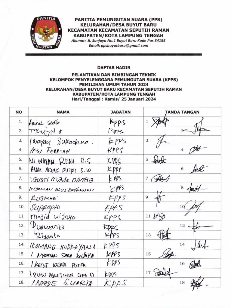 Contoh Daftar Hadir Bimtek | PDF