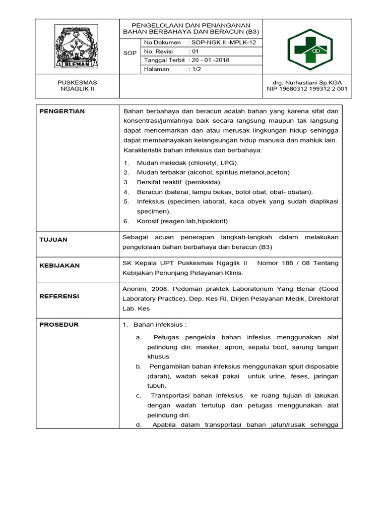 Sop Pengelolaan Dan Penanganan Bahan Berbahaya Dan Beracun (b3) | PDF