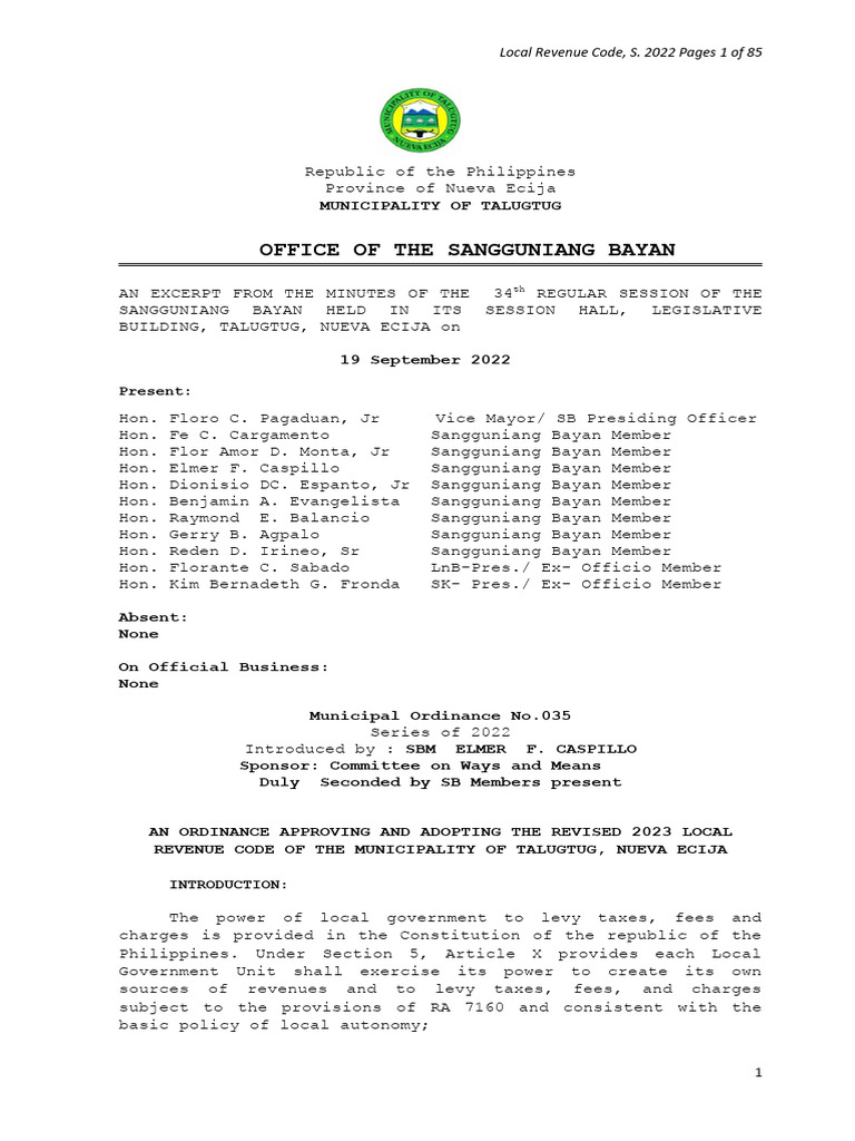 Ordinance - 035 - 19 September 2022 - Revised Local Revenue Code of ...