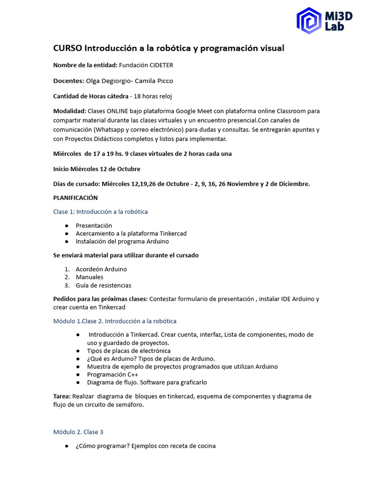 Introducción A La Robótica y Programación Visual - PLANIFICACION CURSO ...
