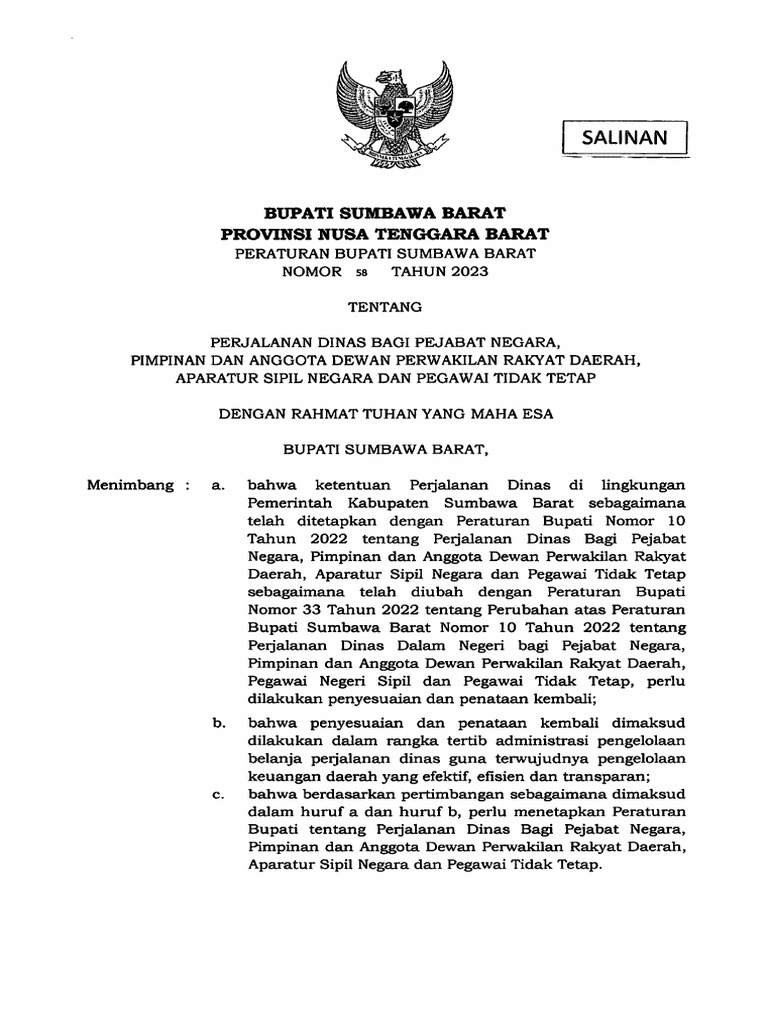 Perbup Sumbawa Barat Nomor 58 Tahun 2023 Tentang Perjalanan Dinas Bagi Pejabat Negara, Pimpinan ...