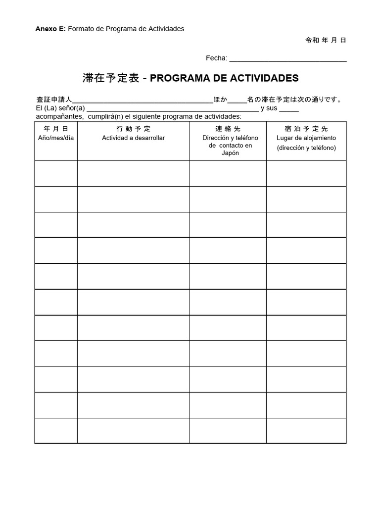 Anexo E: Formato de Programa de Actividades | PDF