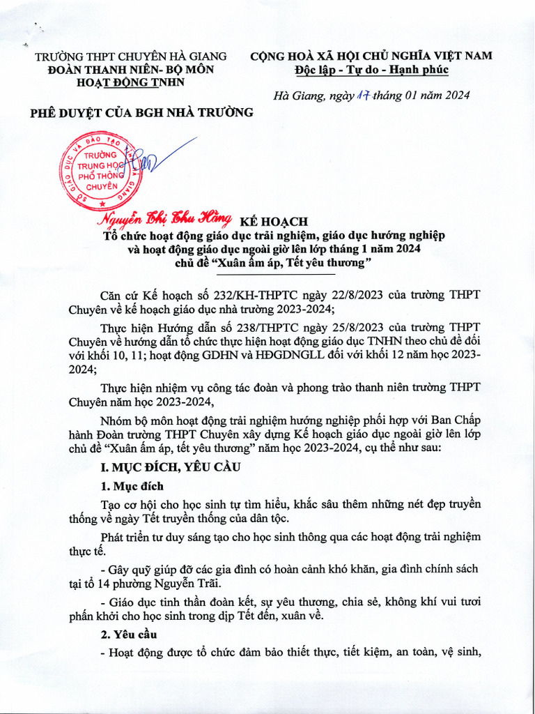 Ke Hoach Hoat Dong Thang 1 2024 HDTNHN | PDF