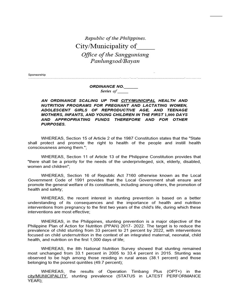 ORDINANCE TEMPLATE - First 1000 Days | PDF | Obesity | Malnutrition