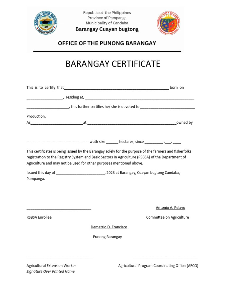 Barangay Certificate for RSBSA Registration | PDF