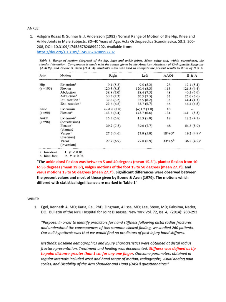 Wrist, Finger, and Ankle ROM | PDF | Hand | Anatomical Terms Of Motion