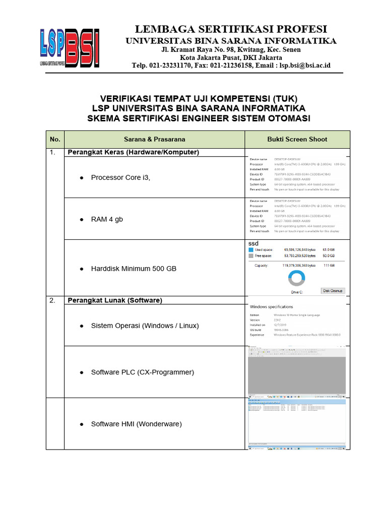 Lembar Verifikasi TUK Skema Engineer Sistem Otomasi Industri | PDF
