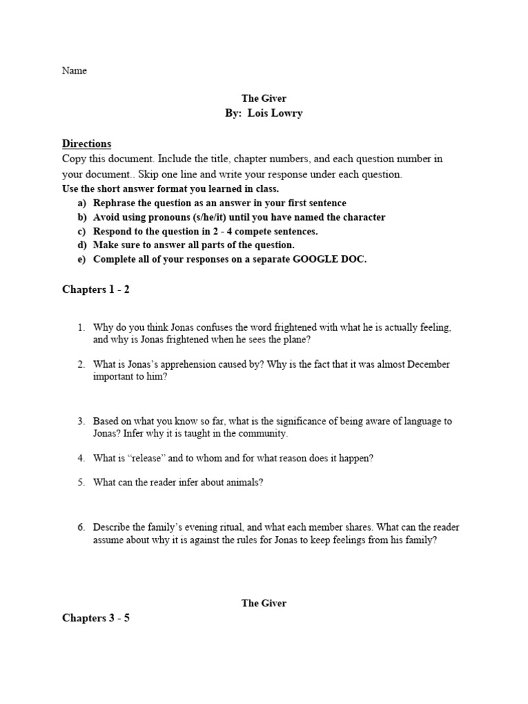 The Giver Comprehension Questions 2024 | PDF | The Giver
