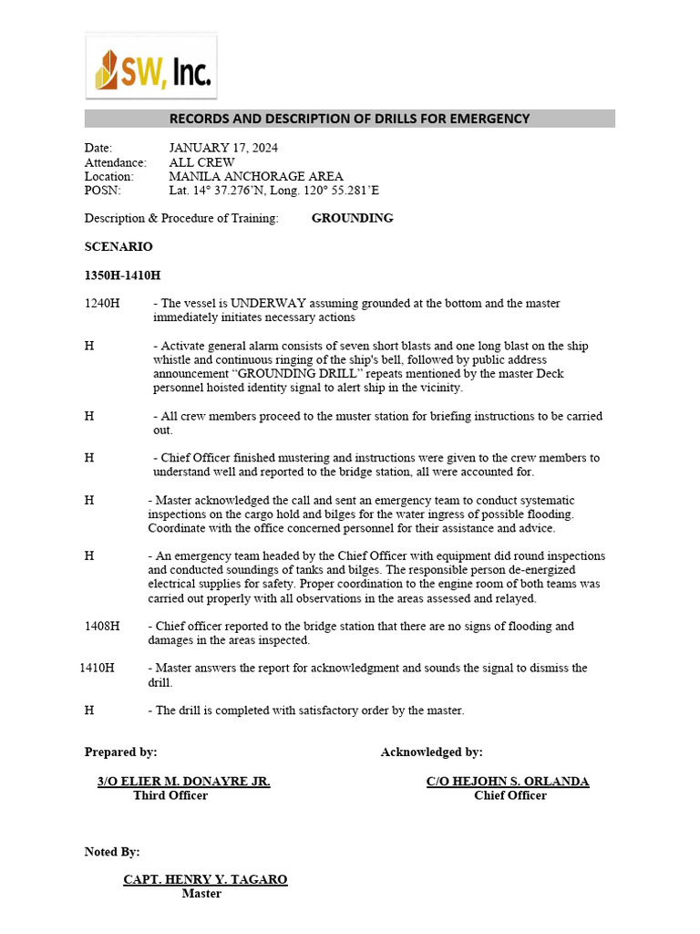 Grounding Drill Report - January 2024 | PDF