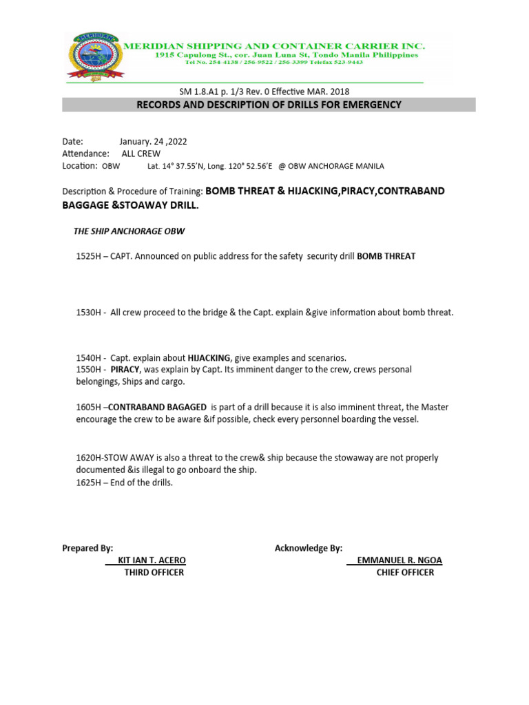 Bomb Threat and Security Drill Report | PDF
