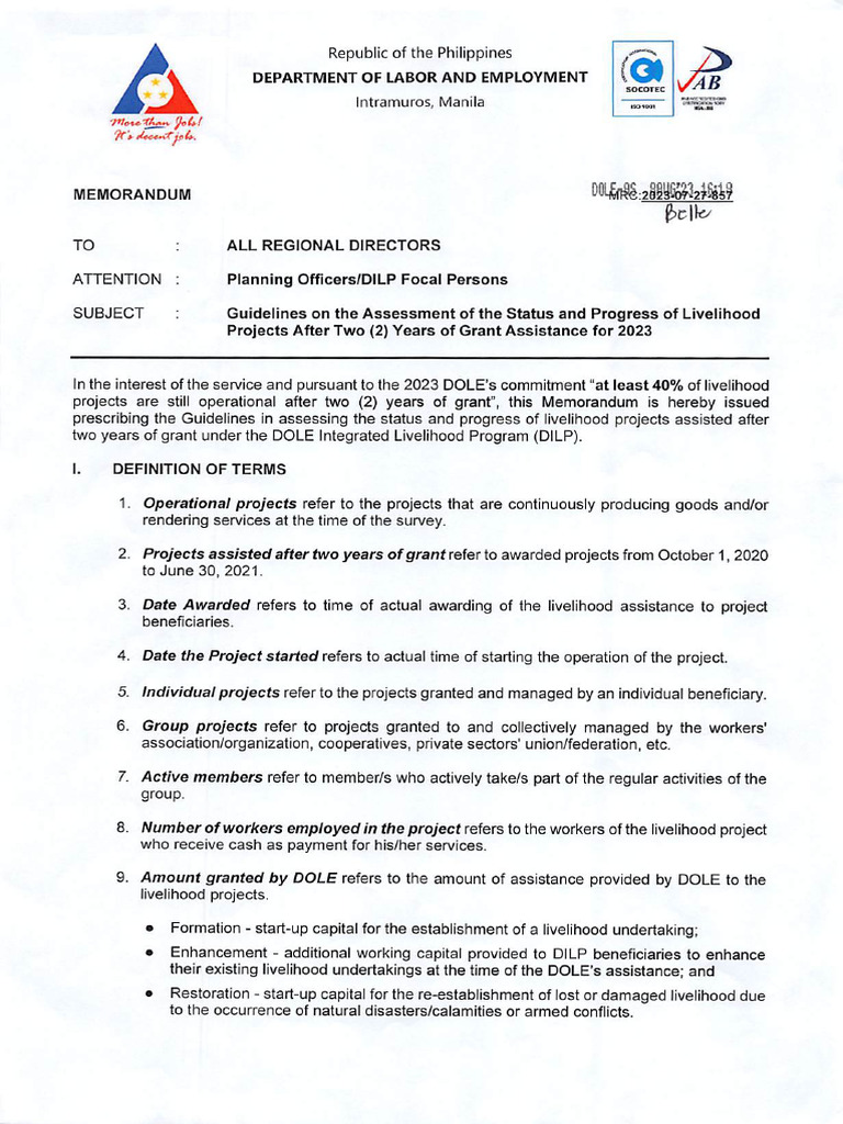 M - Guidelines On The Assessment of The Status and Progress of Livelihood Projects After Two (2 ...